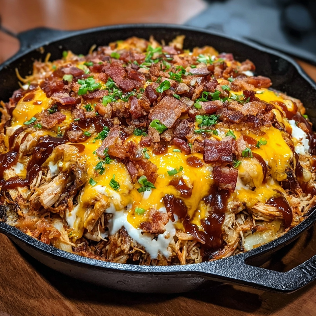 Monster BBQ Pulled Pork Bacon Cheese Loaded Skillet - Cooking White